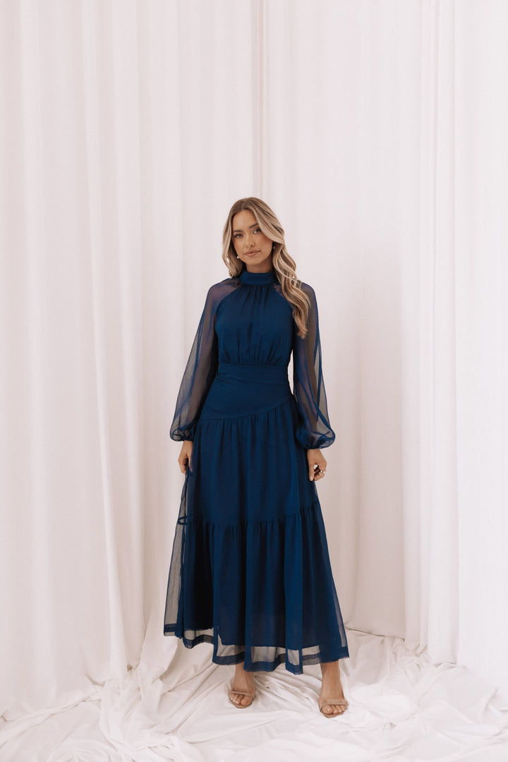 Julip Sheer Long Sleeve Maxi Dress - Navy - Petal & Pup USA