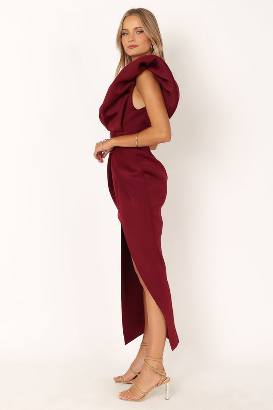 Augie Frill Shoulder Maxi Dress - Burgundy - Petal & Pup USA