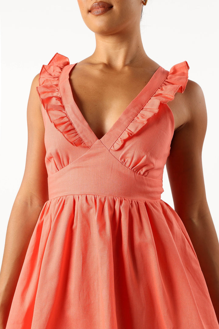 Rowan Frill Mini Dress - Coral - Petal & Pup USA