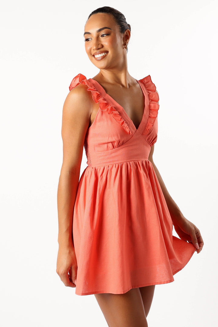 Rowan Frill Mini Dress - Coral - Petal & Pup USA