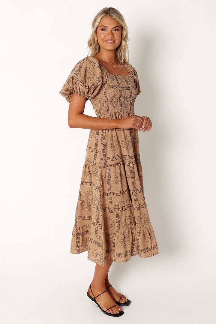 Soliel Puff Sleeve Midi Dress - Tan Black - Petal & Pup USA