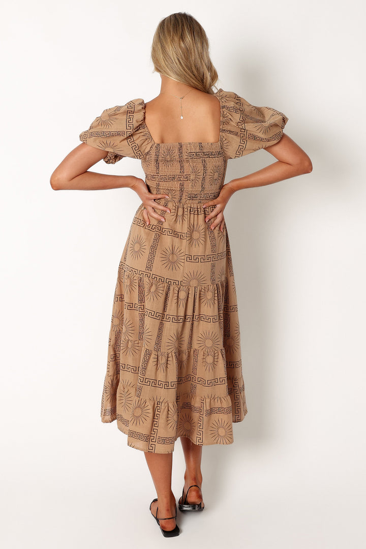 Soliel Puff Sleeve Midi Dress - Tan Black - Petal & Pup USA