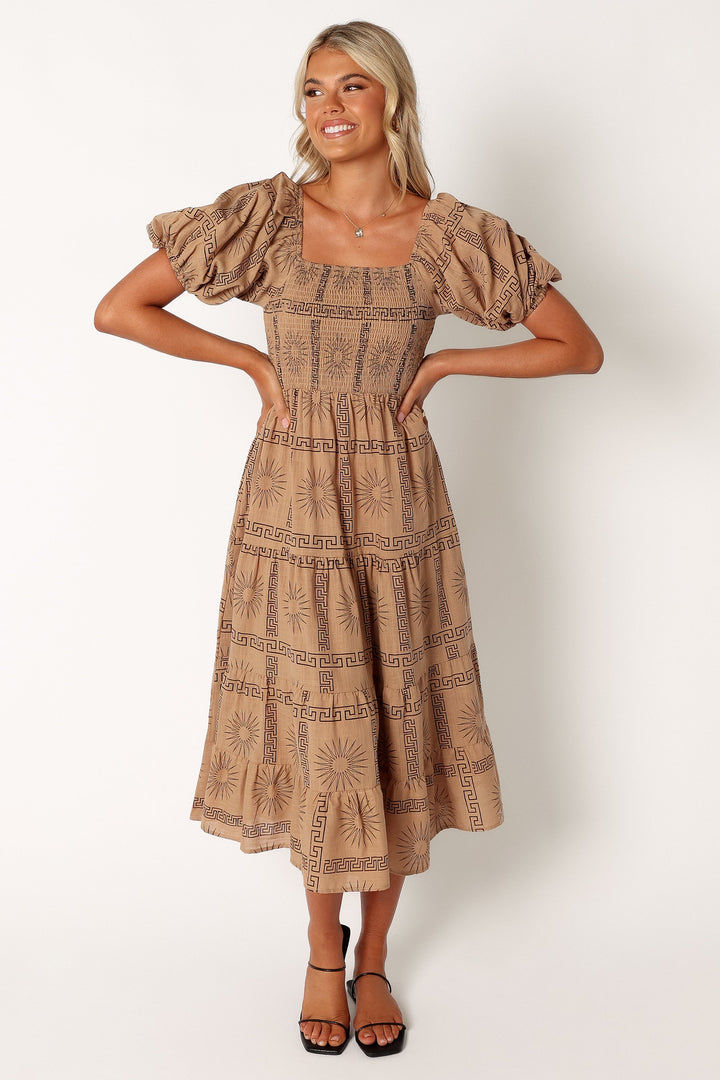 Soliel Puff Sleeve Midi Dress - Tan Black - Petal & Pup USA
