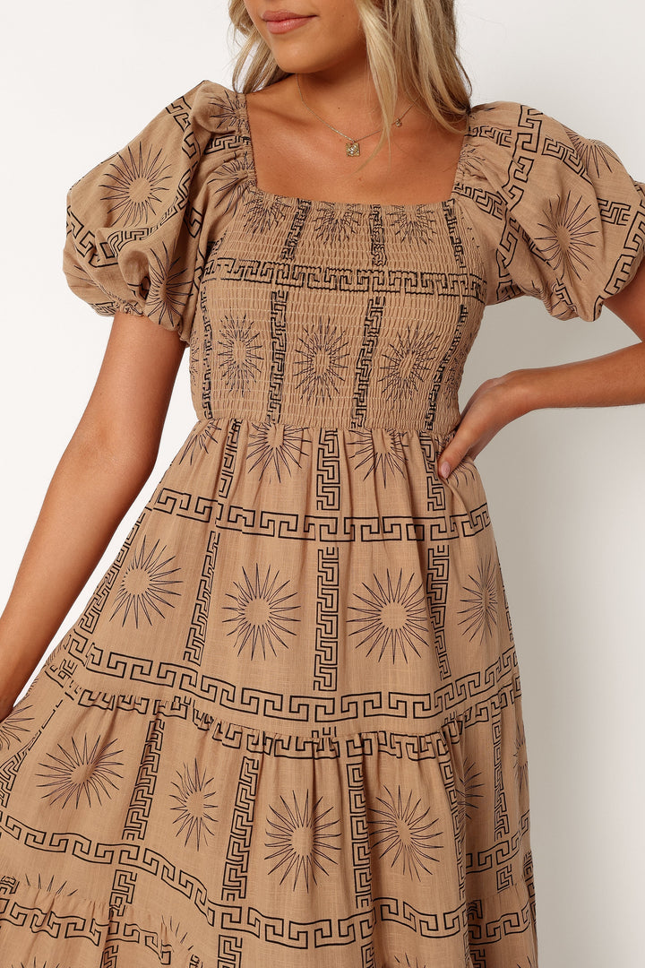 Soliel Puff Sleeve Midi Dress - Tan Black - Petal & Pup USA