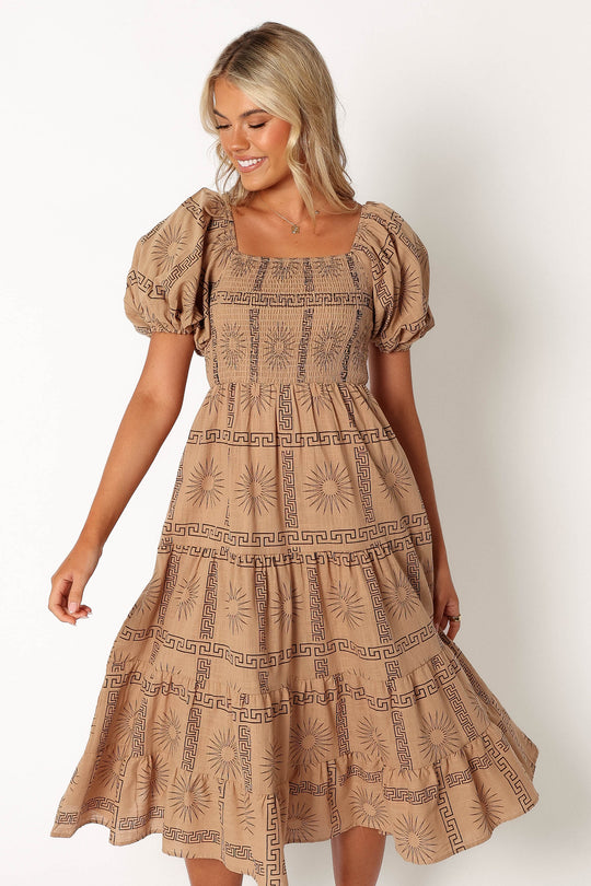 Soliel Puff Sleeve Midi Dress - Tan Black - Petal & Pup USA