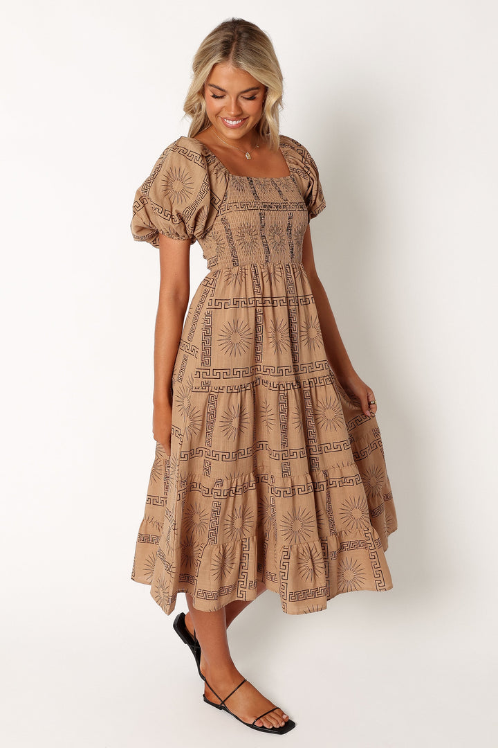 Soliel Puff Sleeve Midi Dress - Tan Black - Petal & Pup USA
