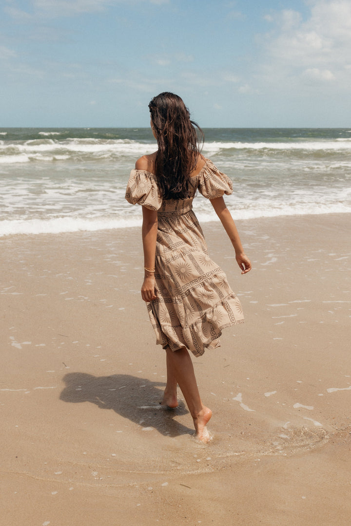 Soliel Puff Sleeve Midi Dress - Tan Black - Petal & Pup USA