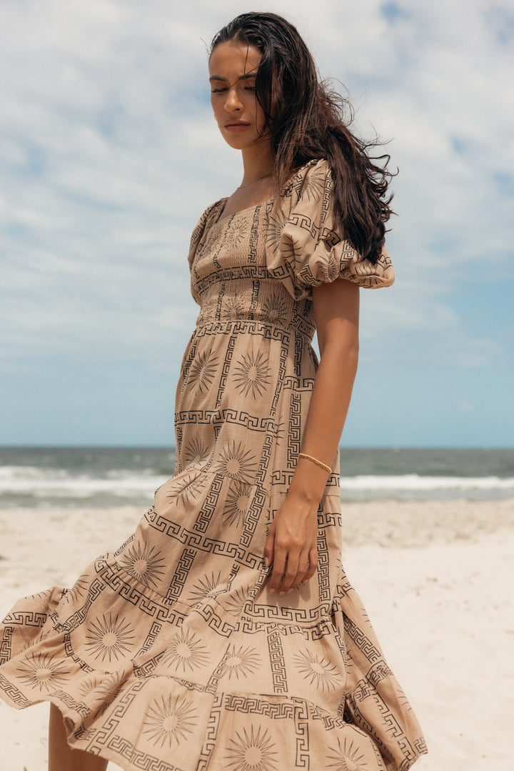 Soliel Puff Sleeve Midi Dress - Tan Black - Petal & Pup USA