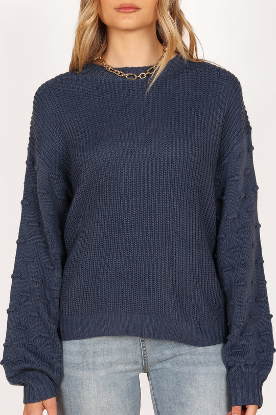 Katrina Textured Sleeve Crewneck Knit Sweater - Midnight Blue - Petal ...