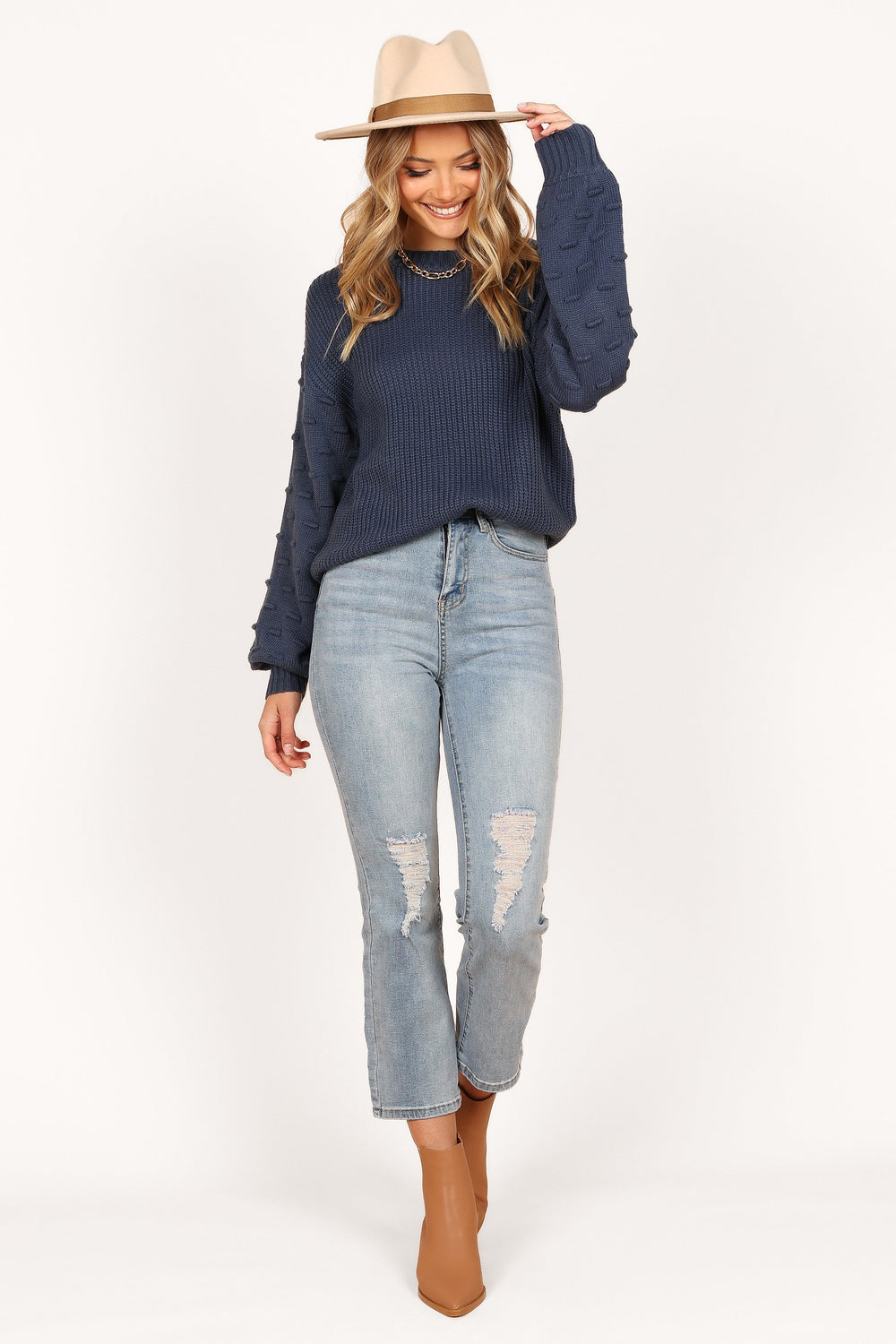 Katrina Textured Sleeve Crewneck Knit Sweater - Midnight Blue - Petal ...