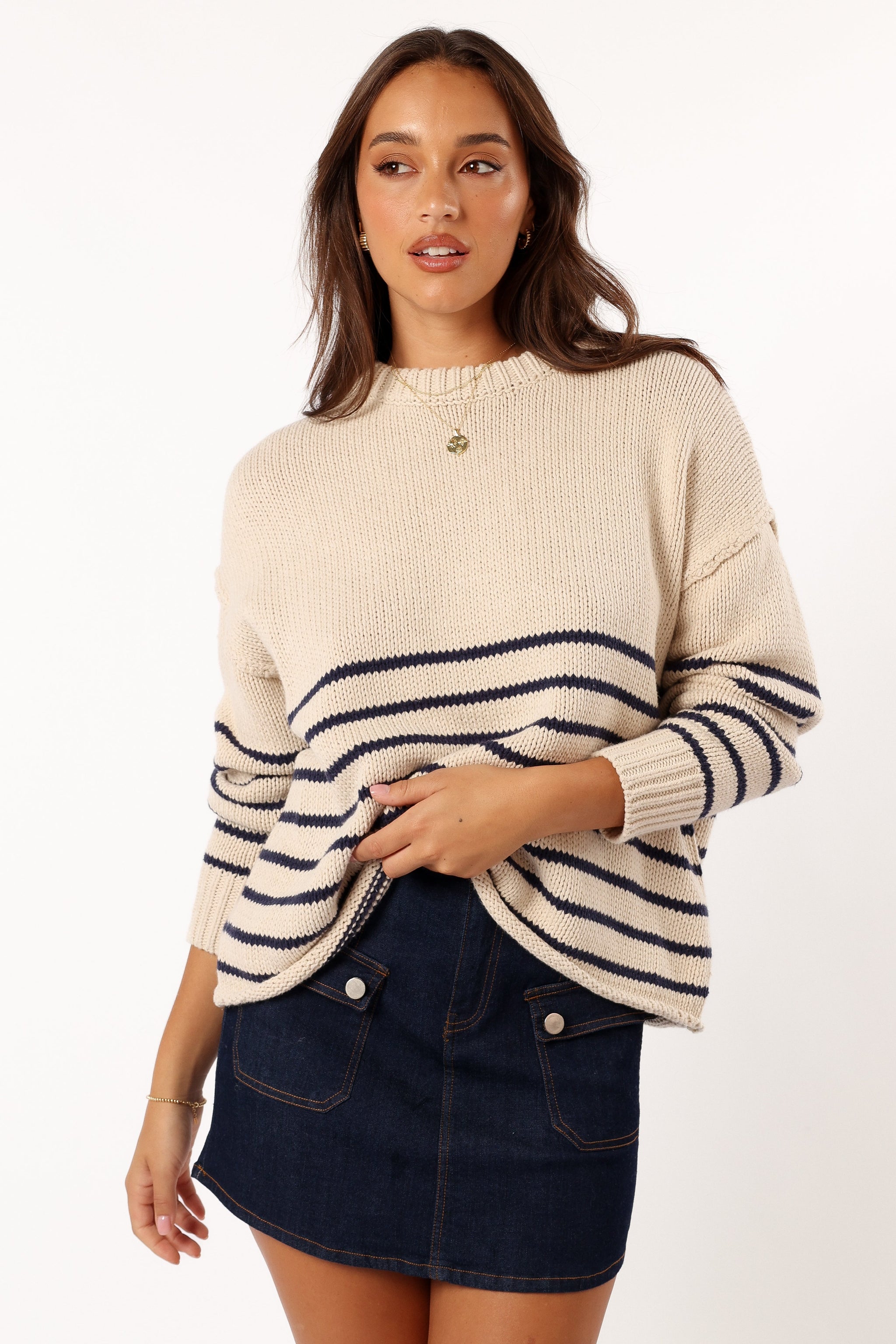 Tenzie Stripe Knit Sweater - Natural Navy | Petal & Pup USA