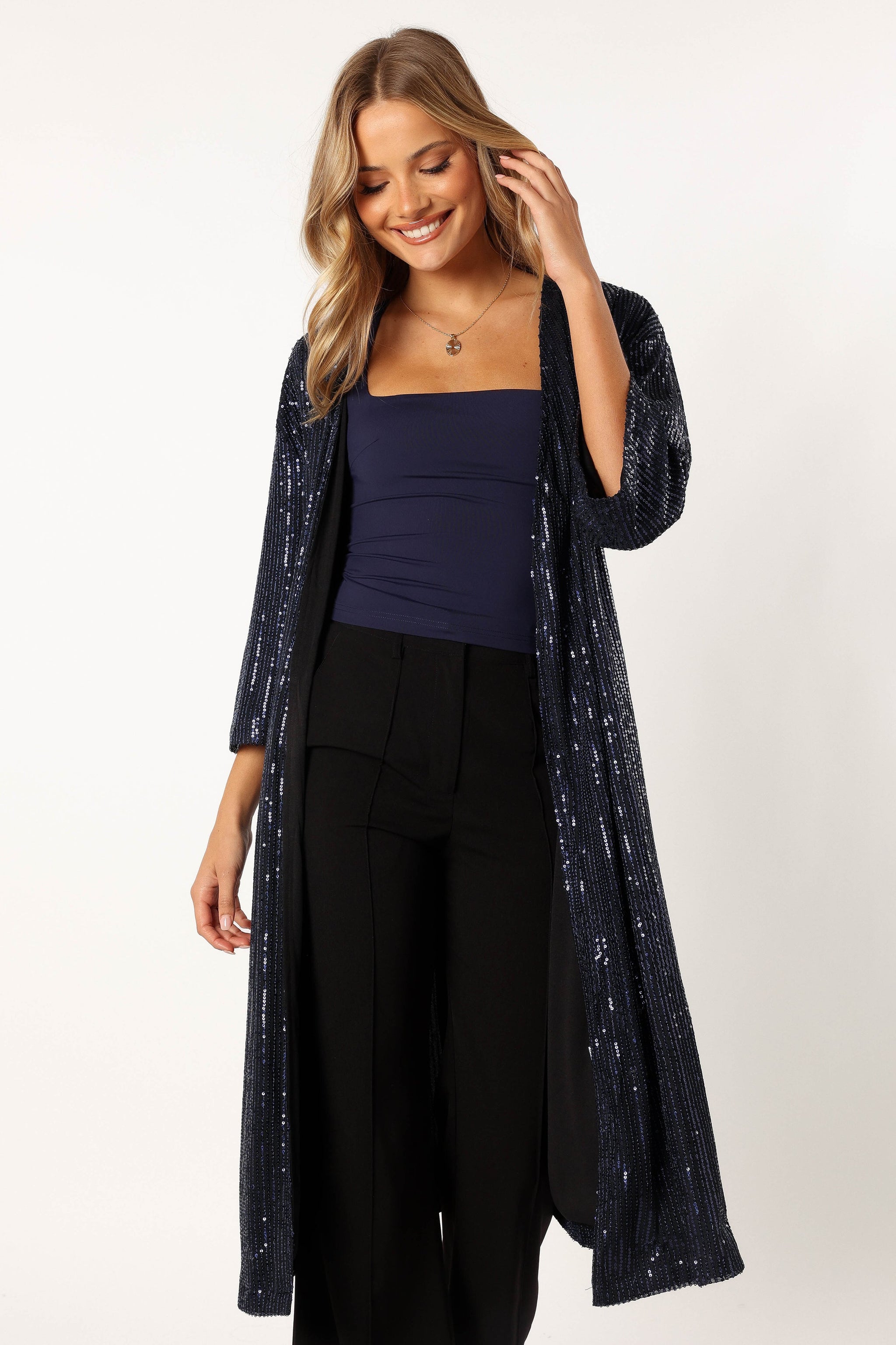 Karsyn Open Front Sequin Duster - Navy | Petal & Pup USA