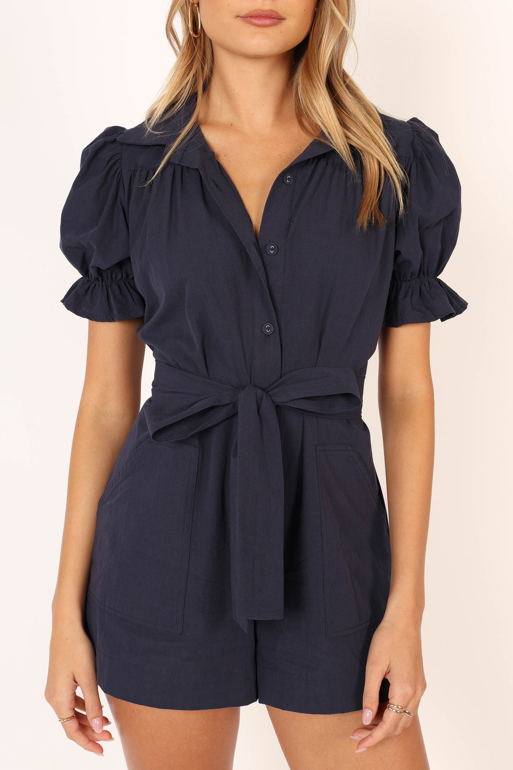 Riley Waist Tie Romper - Navy - Petal & Pup USA