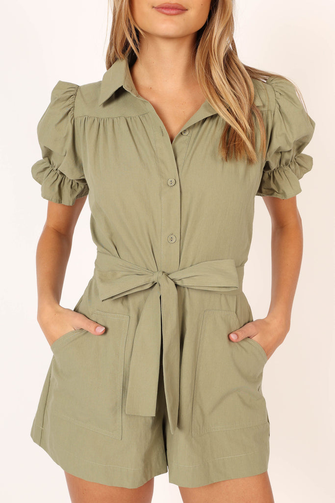 Riley Waist Tie Romper - Olive - Petal & Pup USA