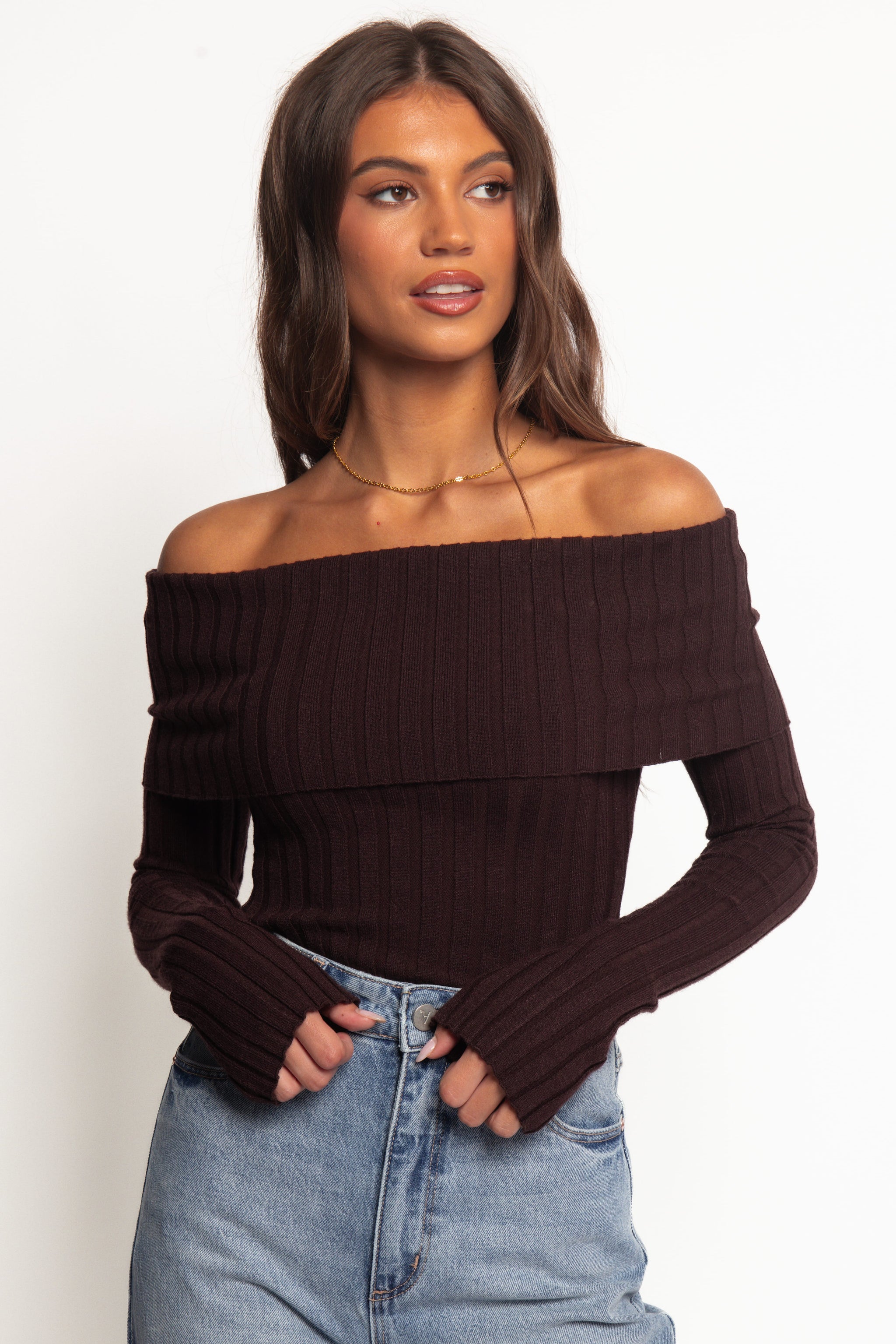 Inora Off Shoulder Knit Top - Chocolate | Petal & Pup USA