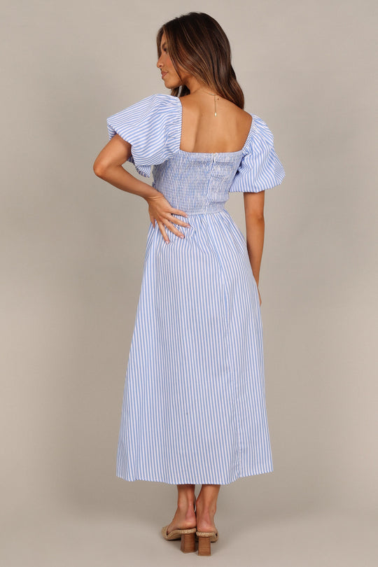 Clo Puff Sleeve Midi Dress - Blue Stripe - Petal & Pup USA