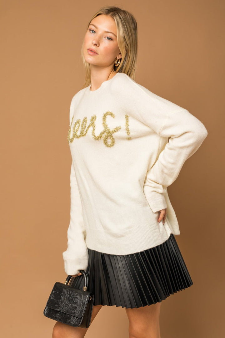 Poppy Cursive Cheer Knit Sweater - White - Petal & Pup USA
